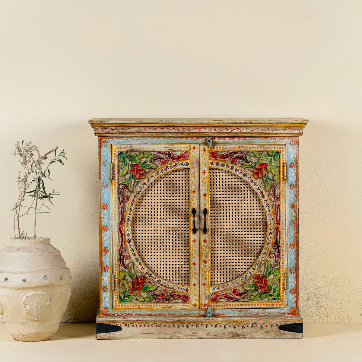 Ivaan - Hand-Painted Mango Wood Cupboard with Rattan Inserts 90cm – Om ...