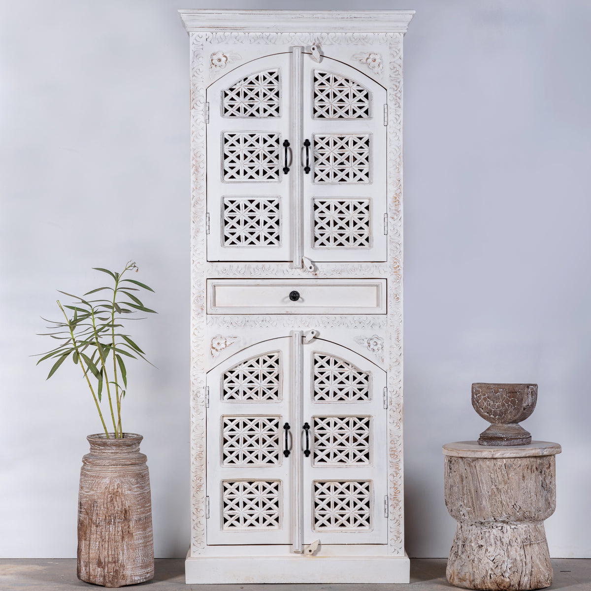 Vintage indian cupboard with decorations on white wood – Om Home & Garden