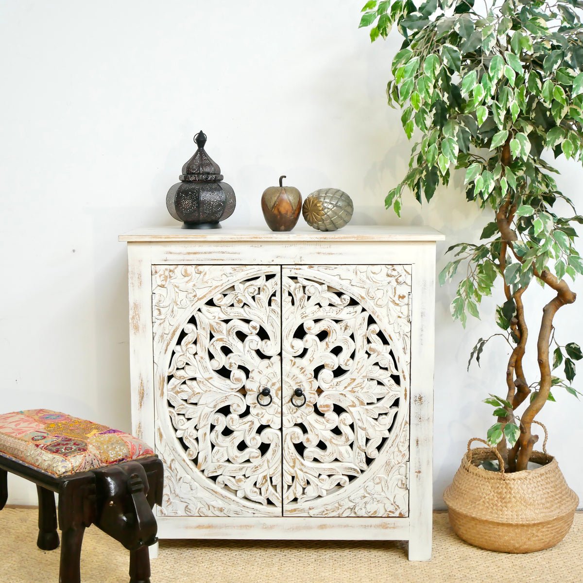 Handcrafted indian white cupboard adorned with floral design – Om Home ...